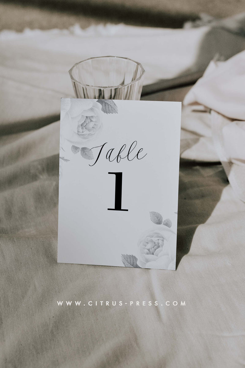 Minimal Botanical Floral Wedding Table Numbers | black and white flowe ...