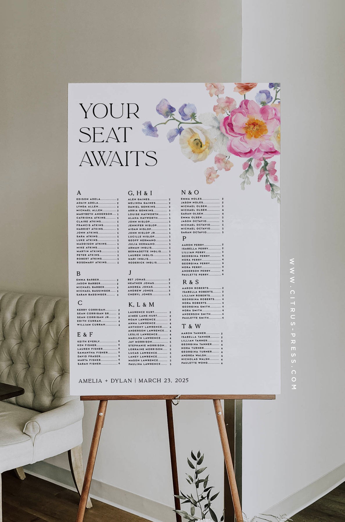 Floral Wedding Seating Chart | Printable Template – Citrus Press