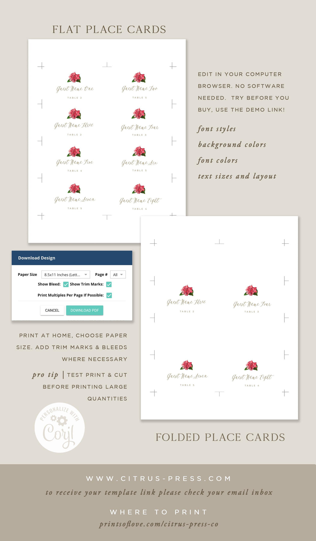 Tropical Flower Reception Place card | Printable Template – Citrus Press