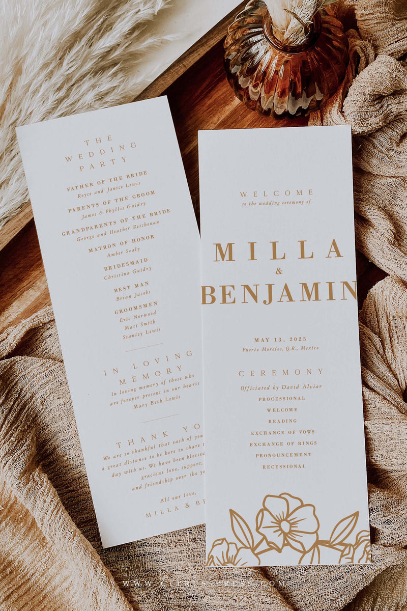 Minimal Wedding Ceremony Program with Floral Line Art | Milla – Citrus ...
