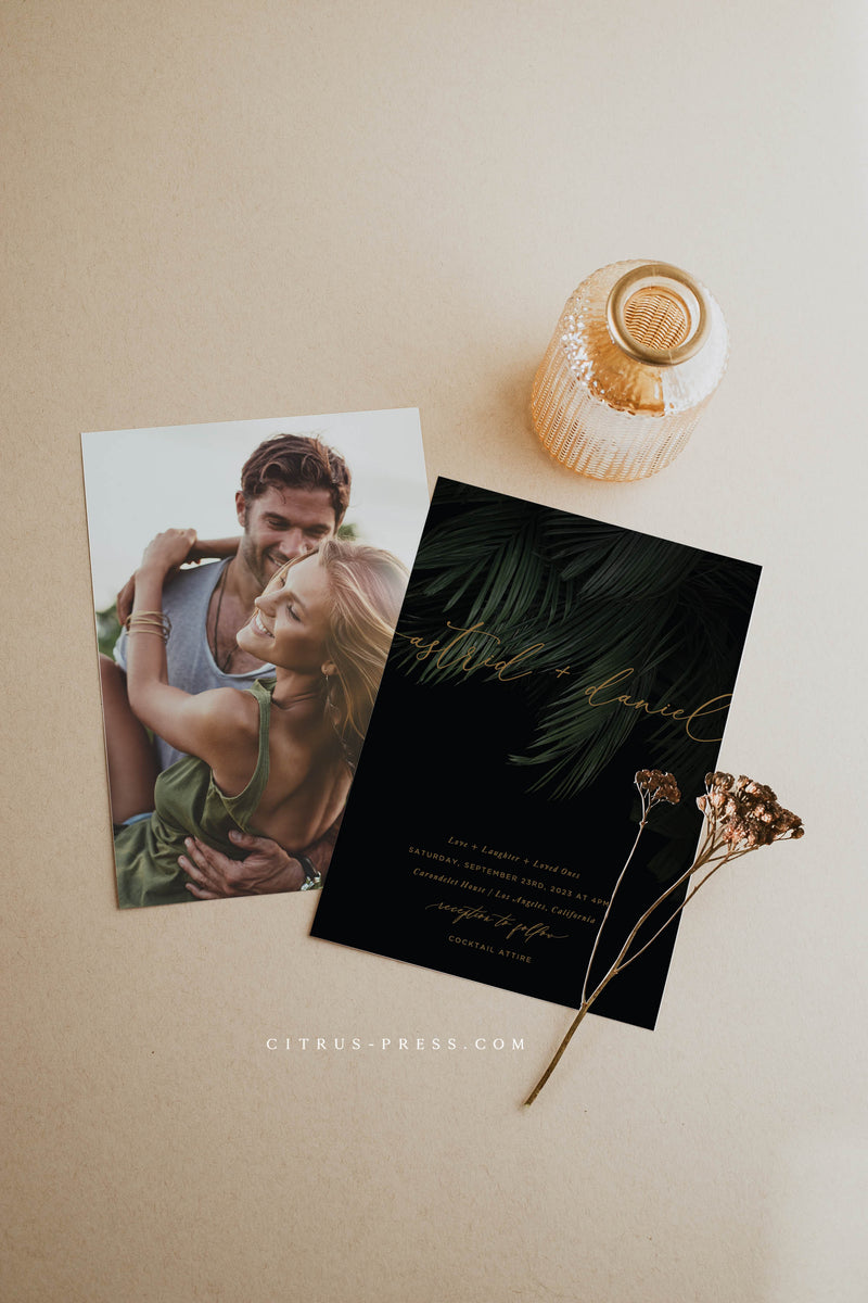 Dark Moody Tropical Wedding Invitation | Astrid – Citrus Press