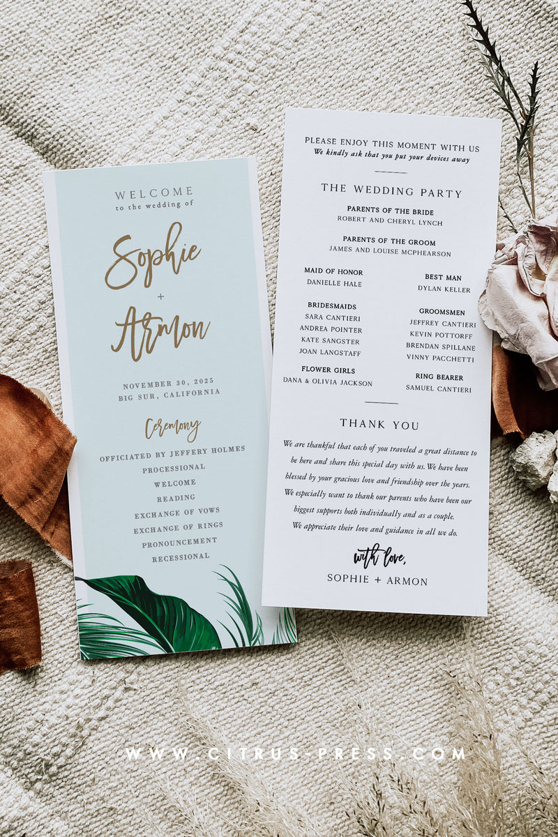 Wedding Program | Tropical Beach | PDF DIY Editable Template – Citrus Press