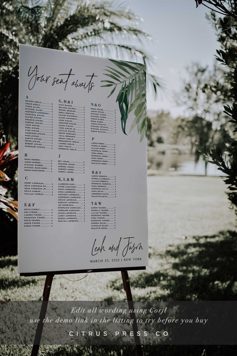 Wedding Reception Seating Chart Poster Template Leaf Seating Chart